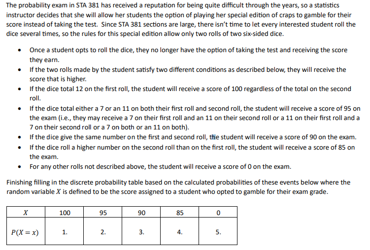 The probability exam in STA 381 ﻿has received a | Chegg.com