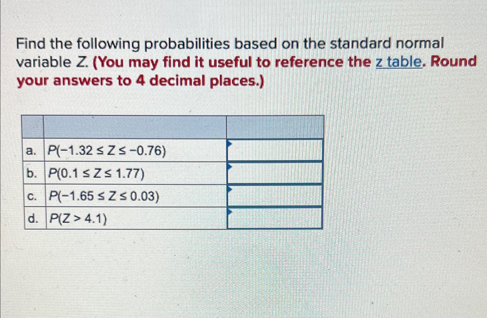 Solved Find the following probabilities based on the | Chegg.com
