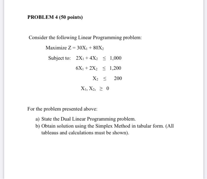 Solved PROBLEM 4 (50 points) Consider the following Linear | Chegg.com