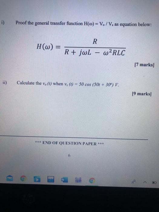 Solved Proof the general transfer function H(o)= V/V, as | Chegg.com