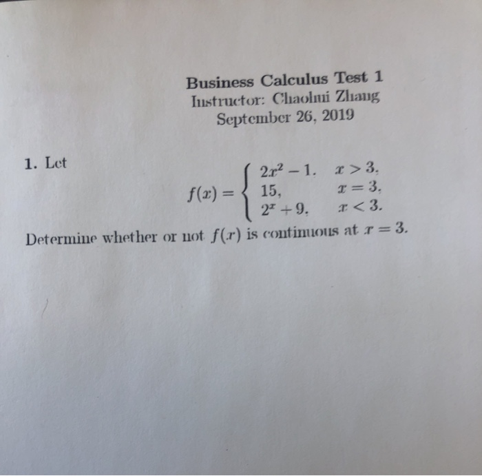 Solved Business Calculus Test 1 Iustructor: Clhaolni Zhaug | Chegg.com