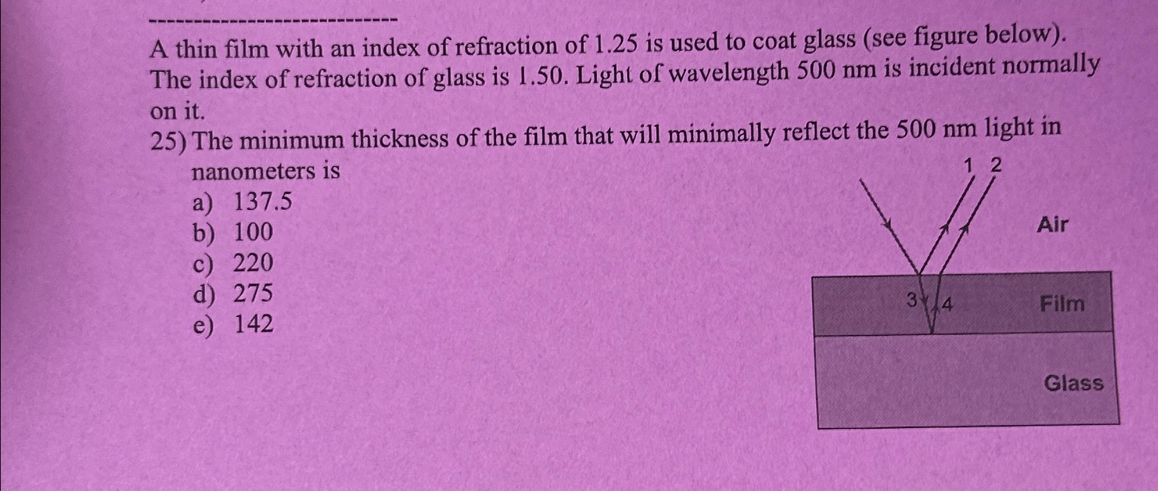 Solved A thin film with an index of refraction of 1.25 ﻿is | Chegg.com