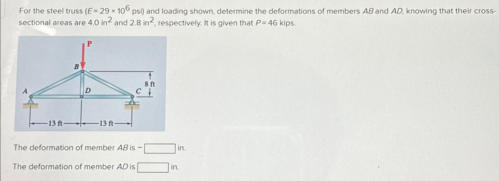 Solved For the steel truss ( (:E=29×106ψ} ﻿and loading | Chegg.com