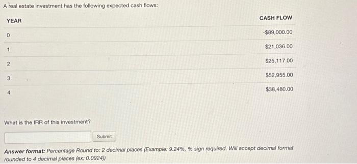 Solved What is the IRR of this investment? Answer format: | Chegg.com