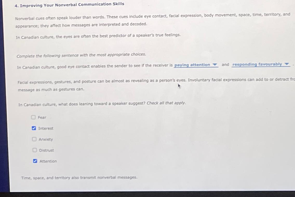 Solved Improving Your Nonverbal Communication | Chegg.com