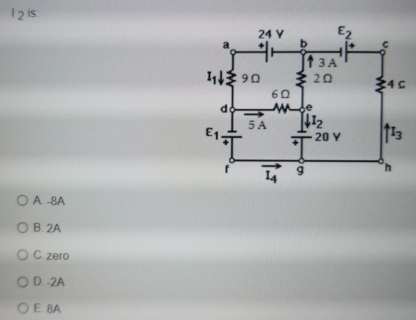 Solved I2 is: a. -8A b. 2A c. zero d. -2A E. 8A | Chegg.com