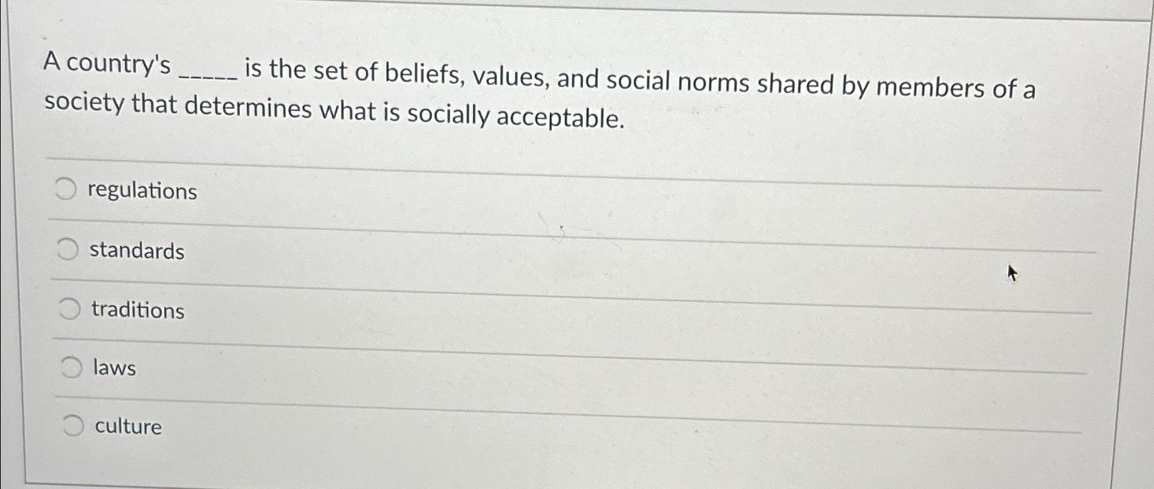 Solved A country's is the set of beliefs, values, and social | Chegg.com