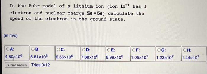 Solved In the Bohr model of a lithium ion (ion Li++has 1 | Chegg.com
