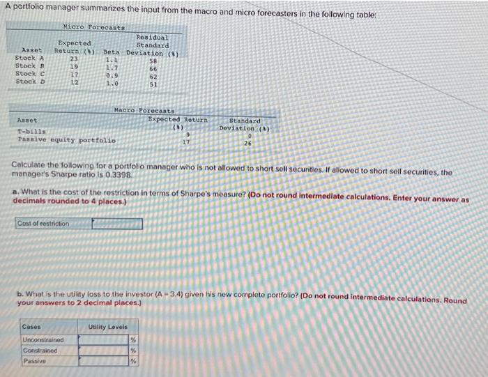 Solved A portfolio manager summarizes the input from the | Chegg.com