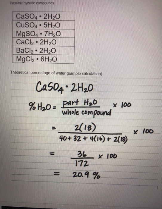 Solved Possible hydrate compounds CaSO4 + 2H2O CuSO4.5H2O | Chegg.com