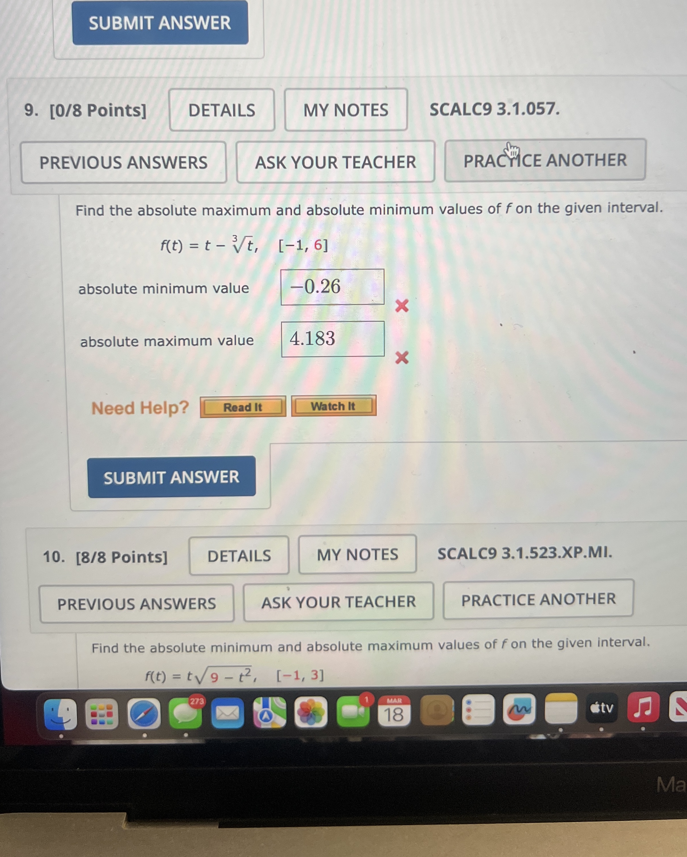 Solved [0/8 ﻿Points]SCALC9 3.1.057.Find the absolute maximum | Chegg.com