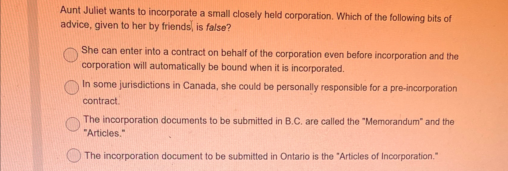 Solved Aunt Juliet wants to incorporate a small closely held | Chegg.com