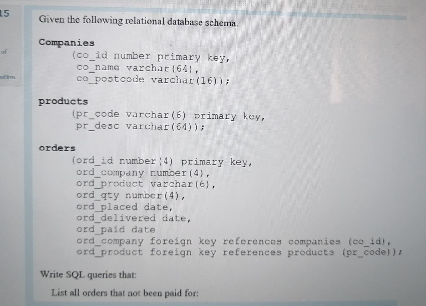 Solved 15 Given the following relational database schema. | Chegg.com
