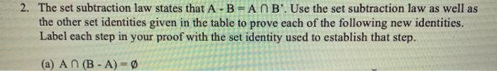 Solved 2. The set subtraction law states that A - B = A N | Chegg.com