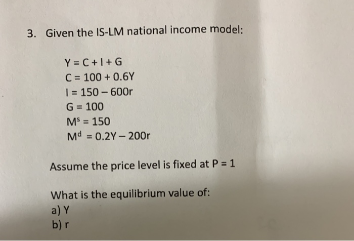 Solved 3. Given the IS-LM national income model: Y = C + + G | Chegg.com