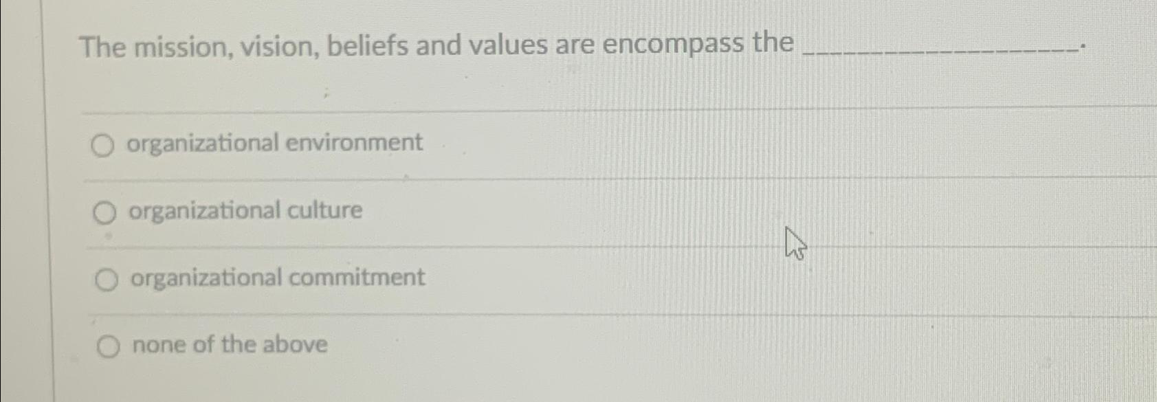 Solved The mission, vision, beliefs and values are encompass | Chegg.com
