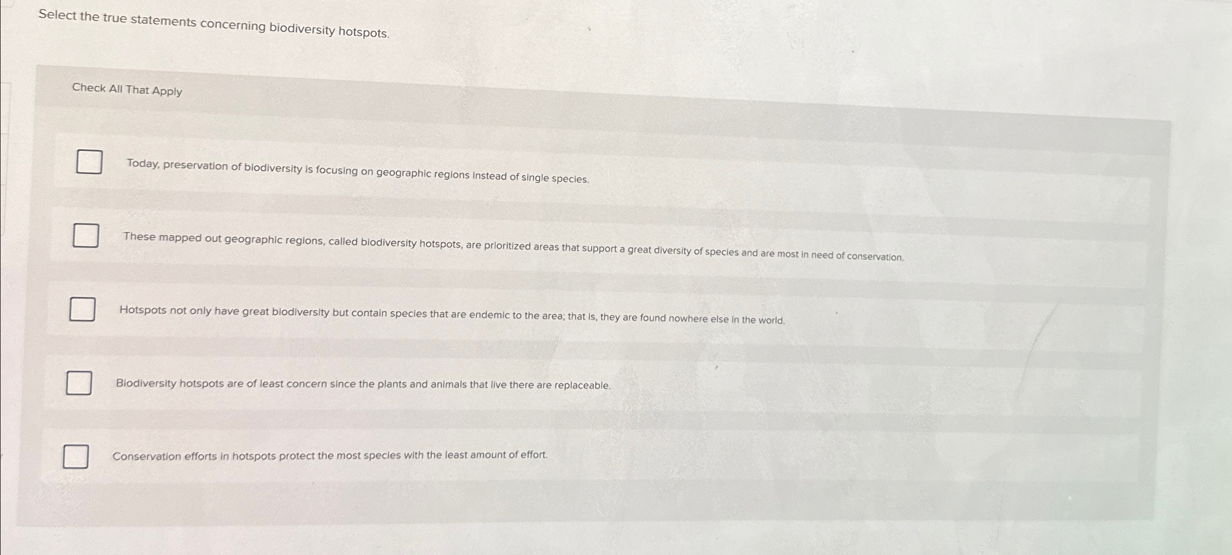 Solved Select the true statements concerning biodiversity | Chegg.com