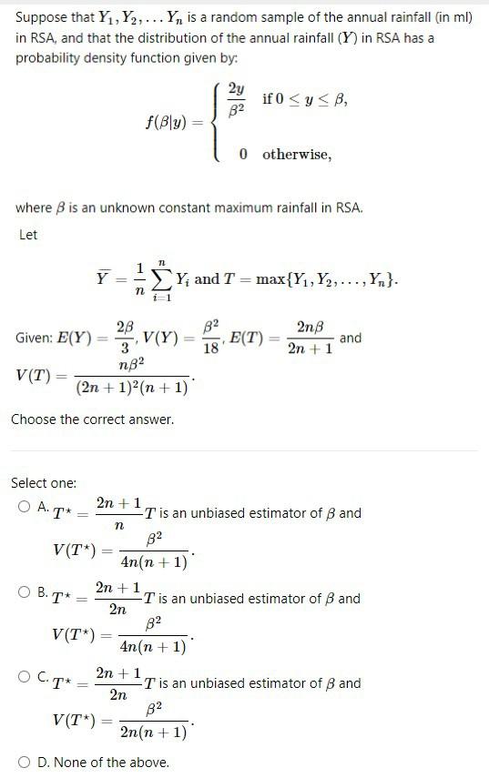 Solved Suppose that Y1,Y2,…Yn is a random sample of the | Chegg.com