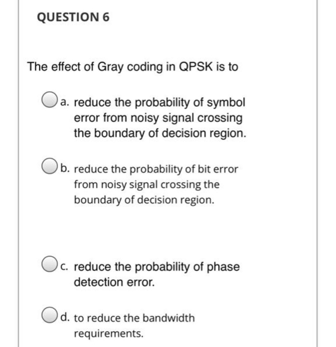 Solved QUESTION 6 The effect of Gray coding in QPSK is to a. | Chegg.com