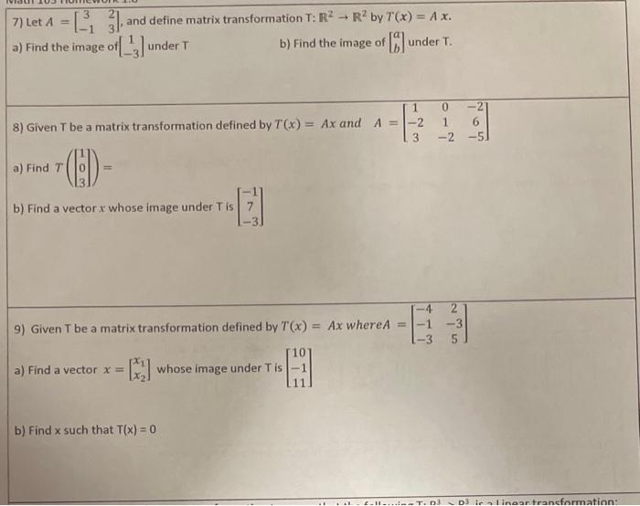 Solved 7) Let A=[3−123], and define matrix transformation | Chegg.com
