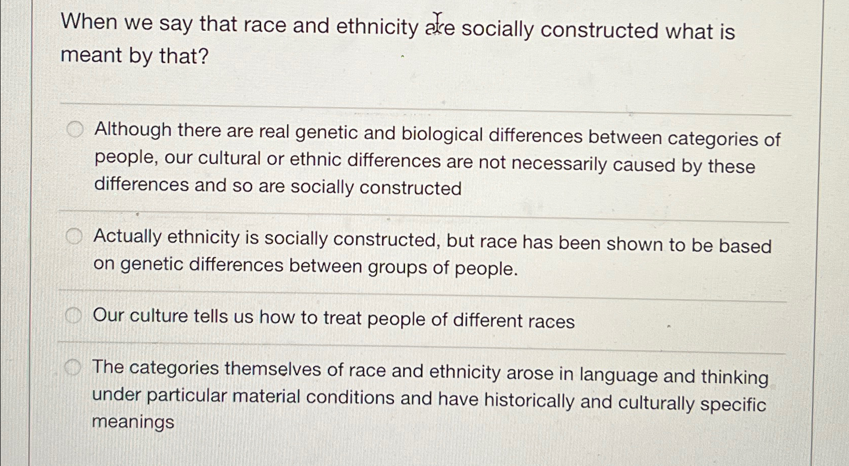 Solved When we say that race and ethnicity oxe socially | Chegg.com