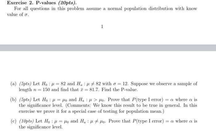 Solved Exercise 2. P-values (20pts). For all questions in | Chegg.com
