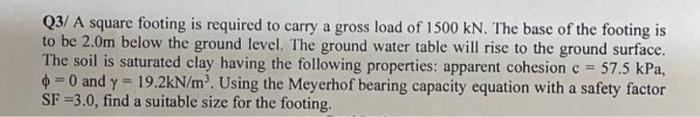 Solved Q3/ A square footing is required to carry a gross | Chegg.com