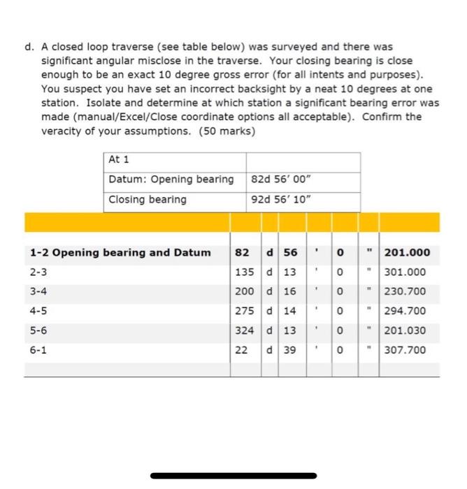 Solved d. A closed loop traverse (see table below) was | Chegg.com