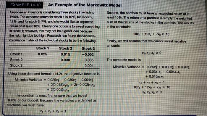 Solved 4. For the Markowitz model in Example 14.10, | Chegg.com