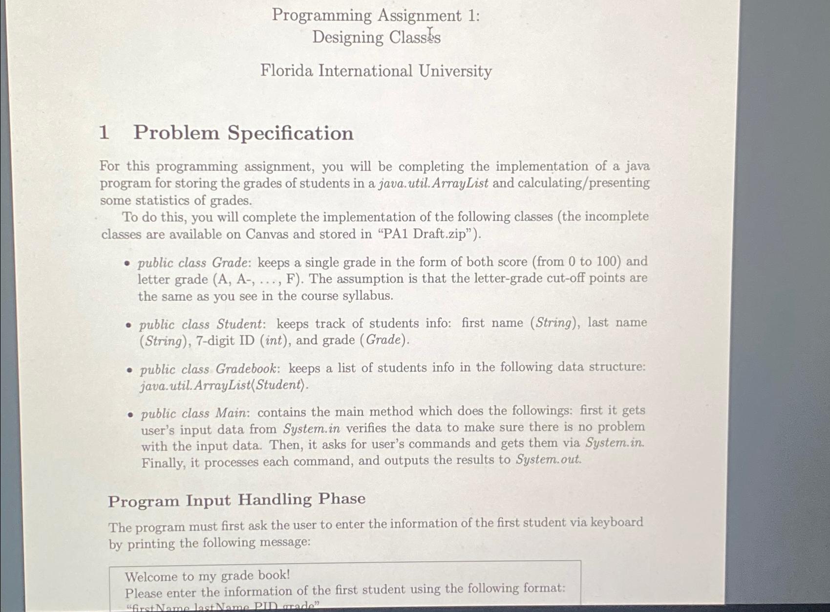Solved Programming Assignment 1:Designing ClassesFlorida | Chegg.com