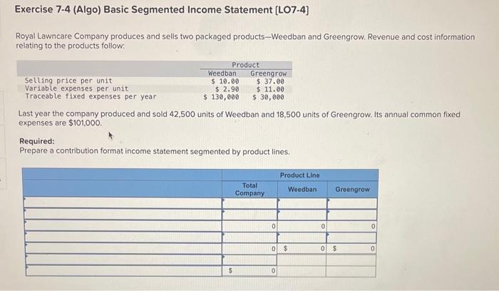 Solved Exercise 7-4 (Algo) Basic Segmented Income Statement | Chegg.com