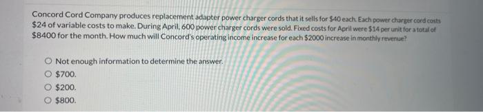Solved Concord Cord Company produces replacement adapter | Chegg.com