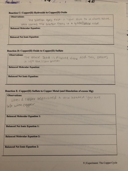 Solved 1 Reaction C Copper Ii Hydroxide To Copper It