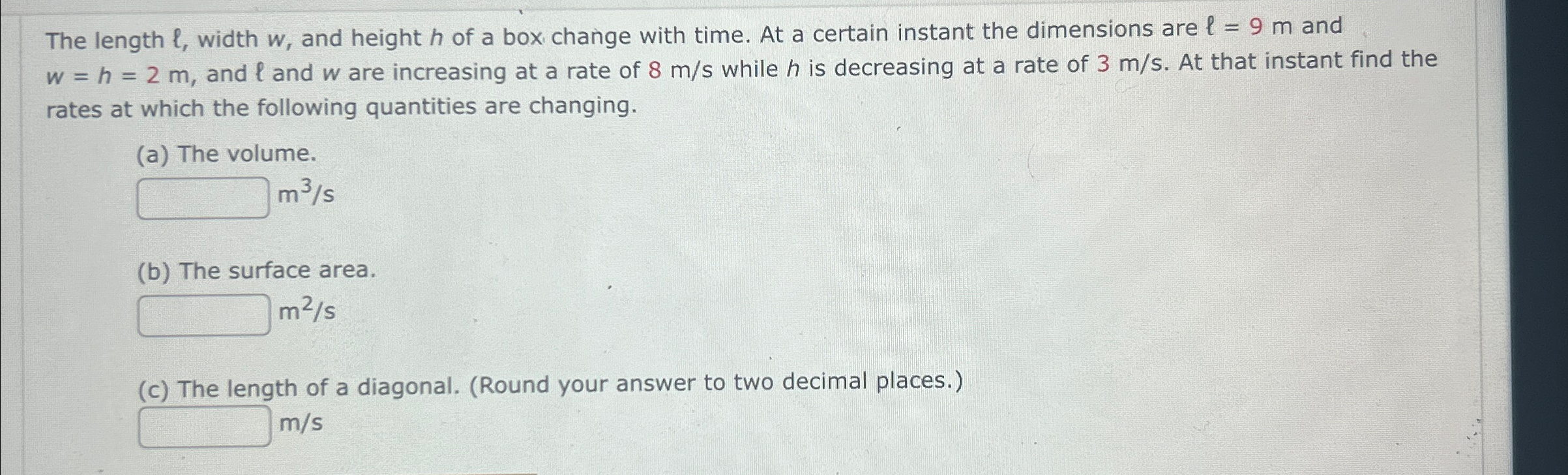 Solved The length l, ﻿width w, ﻿and height h ﻿of a box | Chegg.com