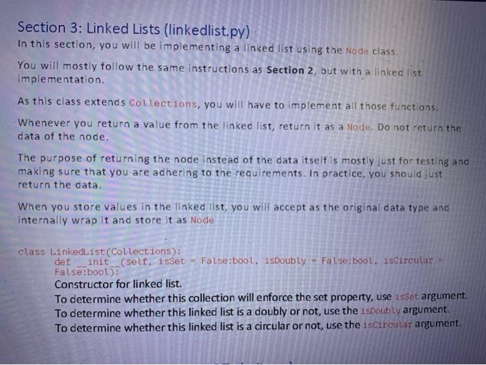 Section 3: Linked Lists (linkedlist.py) In this | Chegg.com
