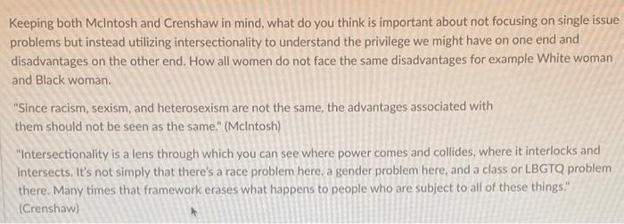 Keeping both Mclntosh and Crenshaw in mind, what do | Chegg.com