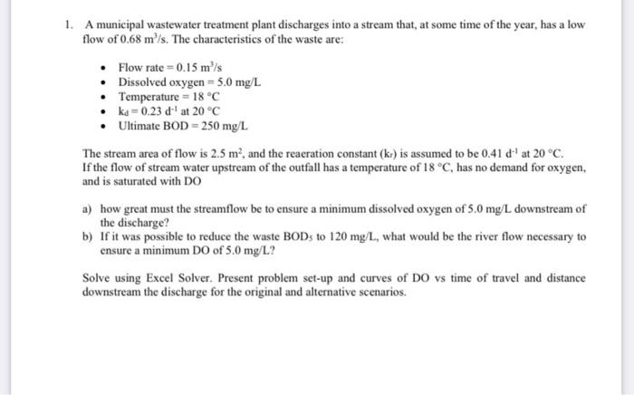 Solved 1. A municipal wastewater treatment plant discharges | Chegg.com