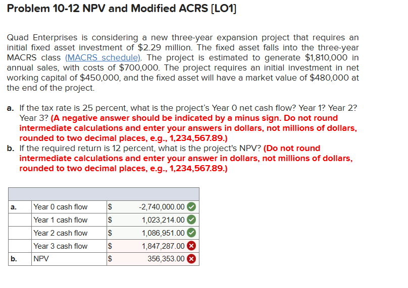 Solved Problem 10-12 ﻿NPV and Modified ACRS [LO1] ﻿Quad | Chegg.com
