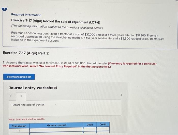 Solved Required information Exercise 7-17 (Algo) Record the | Chegg.com