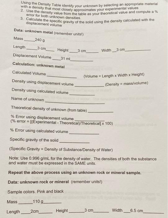 Solved Density Table: Material Weight Density (US System) | Chegg.com