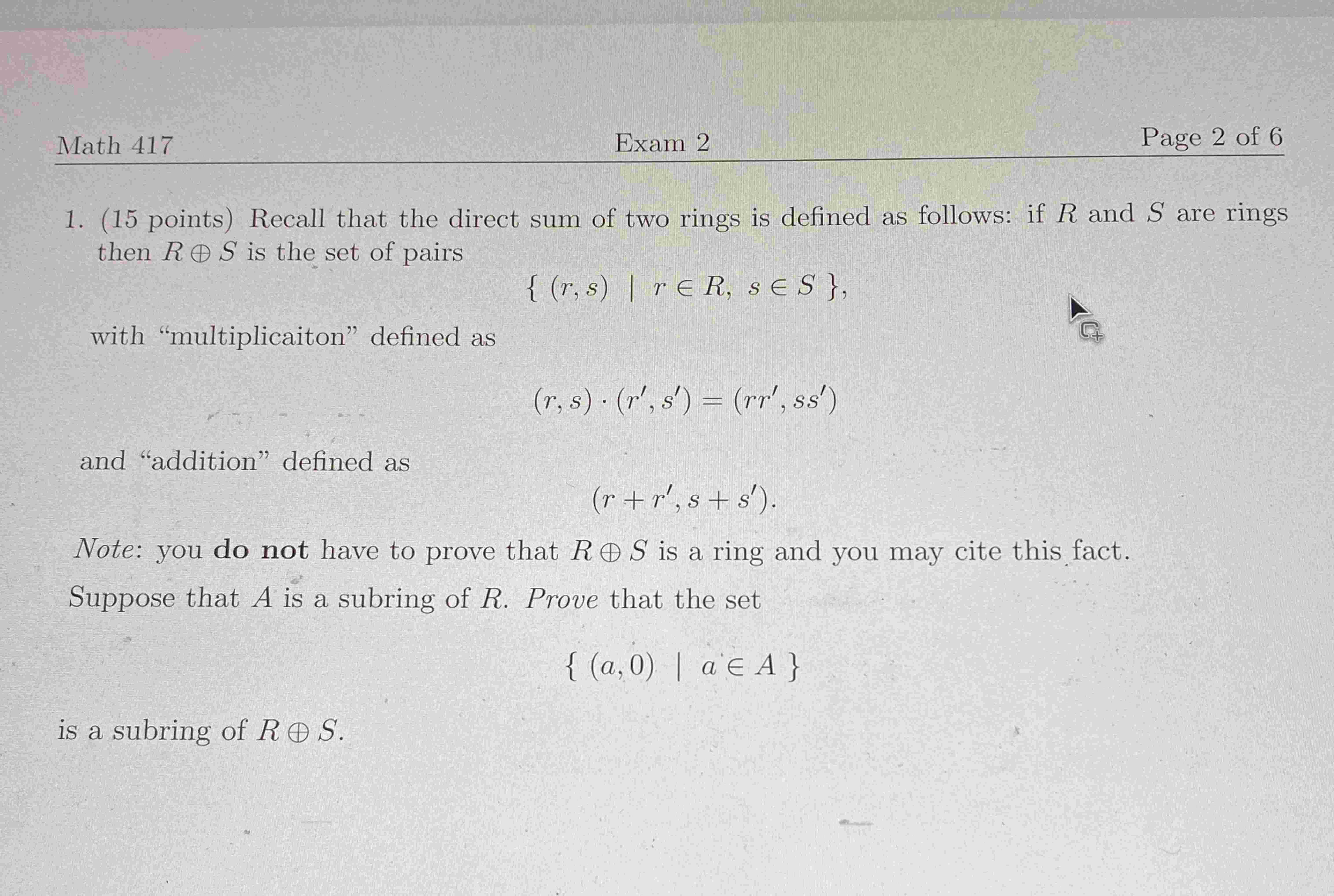 Solved Recall that the direct sum of ﻿two rings is ﻿defined | Chegg.com