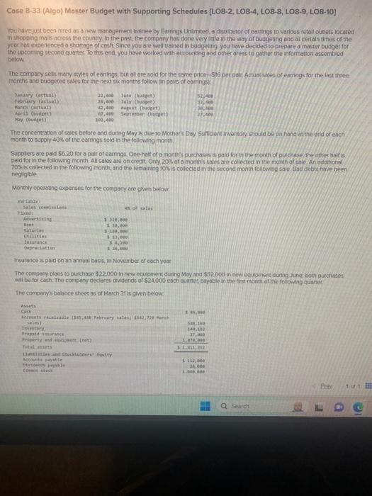 Solved Cose B-33 (Algo) Master Budget with Supporting | Chegg.com