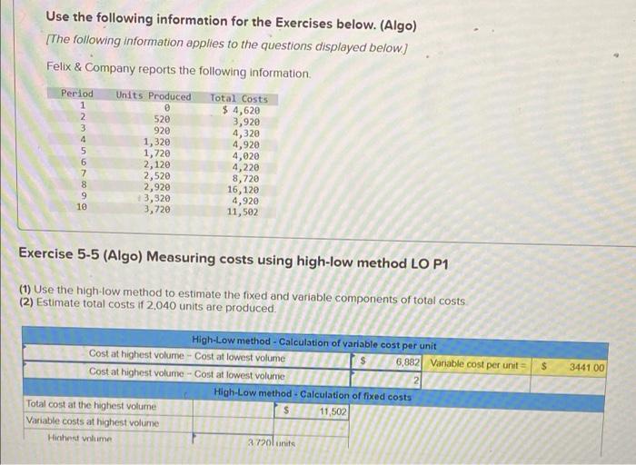 Solved Use the following information for the Exercises | Chegg.com
