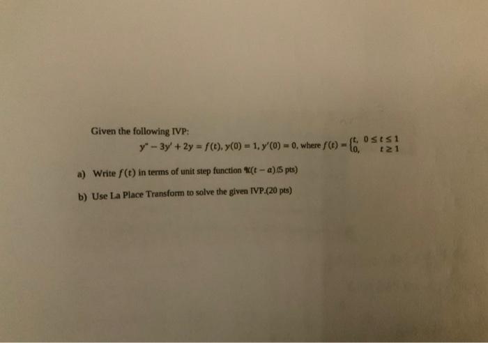 Solved Given the following IVP: y" - 3y + 2y = f(t), y(0) = | Chegg.com