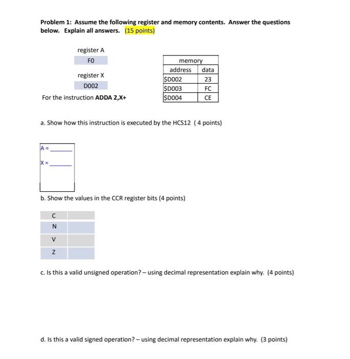 Solved Problem 1: Assume the following register and memory | Chegg.com