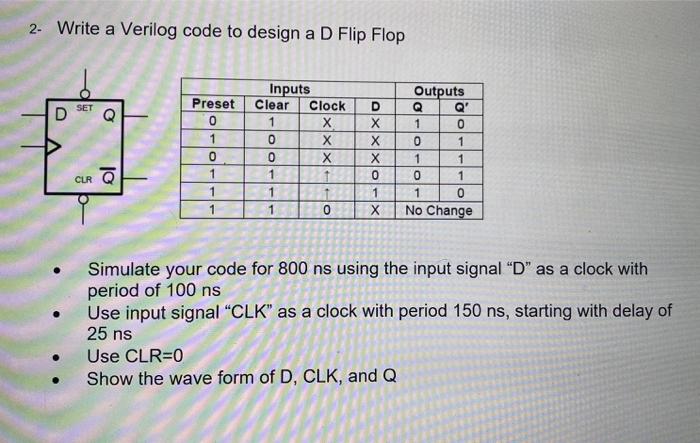 Solved 2- Write a Verilog code to design a D Flip Flop SET D | Chegg.com