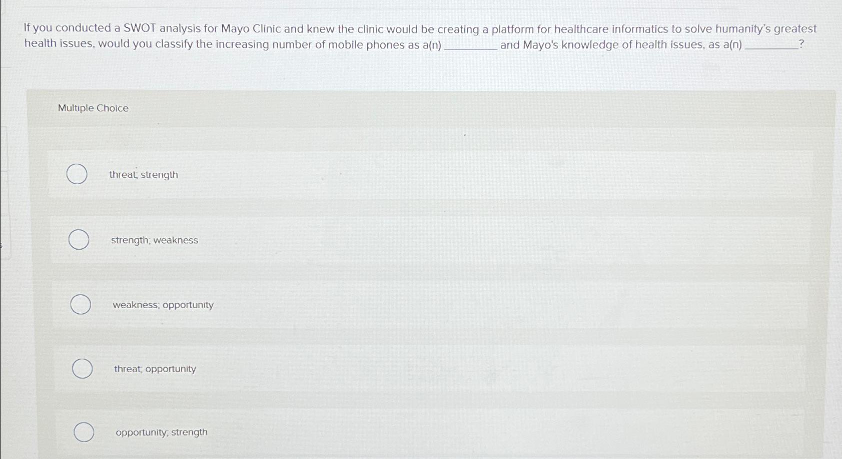Solved If you conducted a SWOT analysis for Mayo Clinic and | Chegg.com