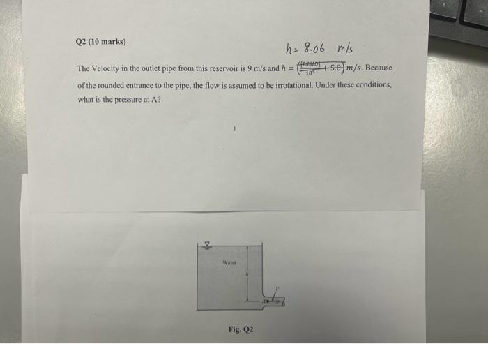Solved Q2 (10 marks) h=8.06 m/s The Velocity in the outlet | Chegg.com