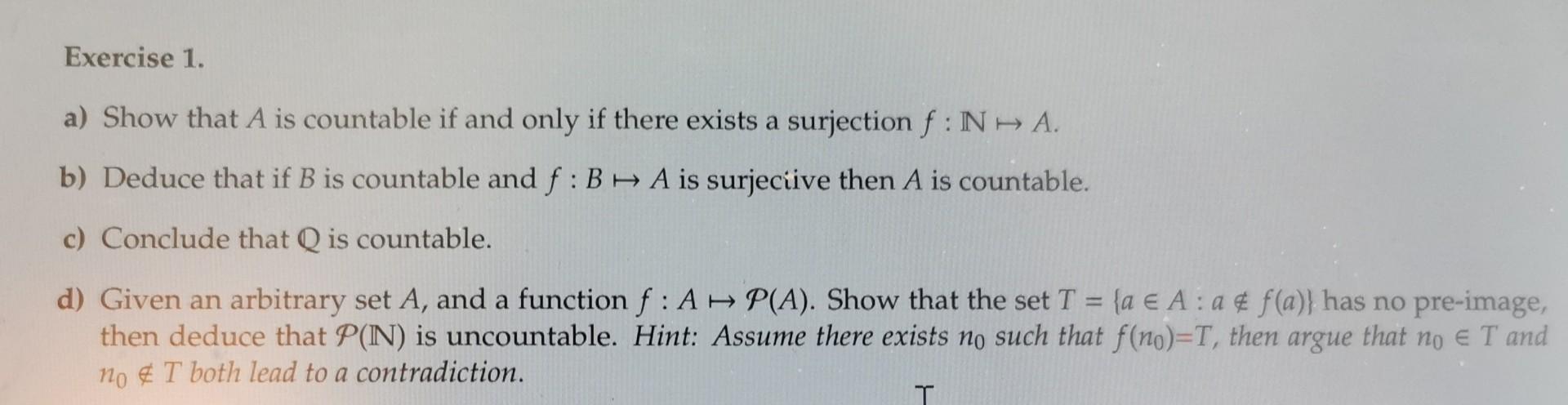 Solved Exercise 1. a) Show that A is countable if and only | Chegg.com