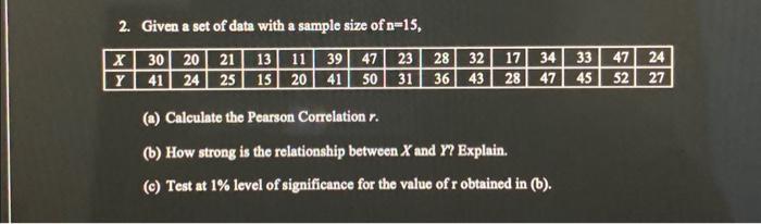 Solved 2. Given a set of data with a sample size of n=15, | Chegg.com